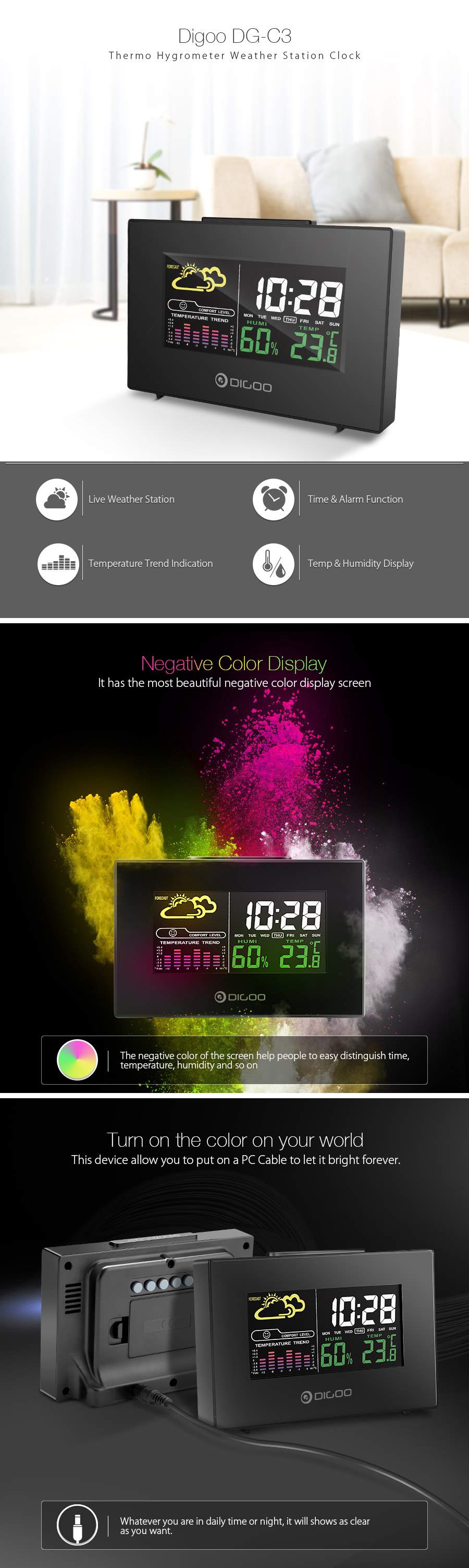 Digoo DG-C3 Indoor Digital Backlit LCD Temperature and Humidity Monitor ...