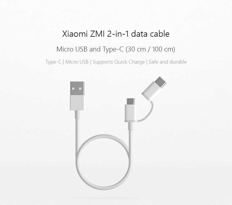 Xiaomi ZMI 2-in-1 Micro USB 2.4A Type-C 3A 1m Quick Charge 3.0 Data Cable