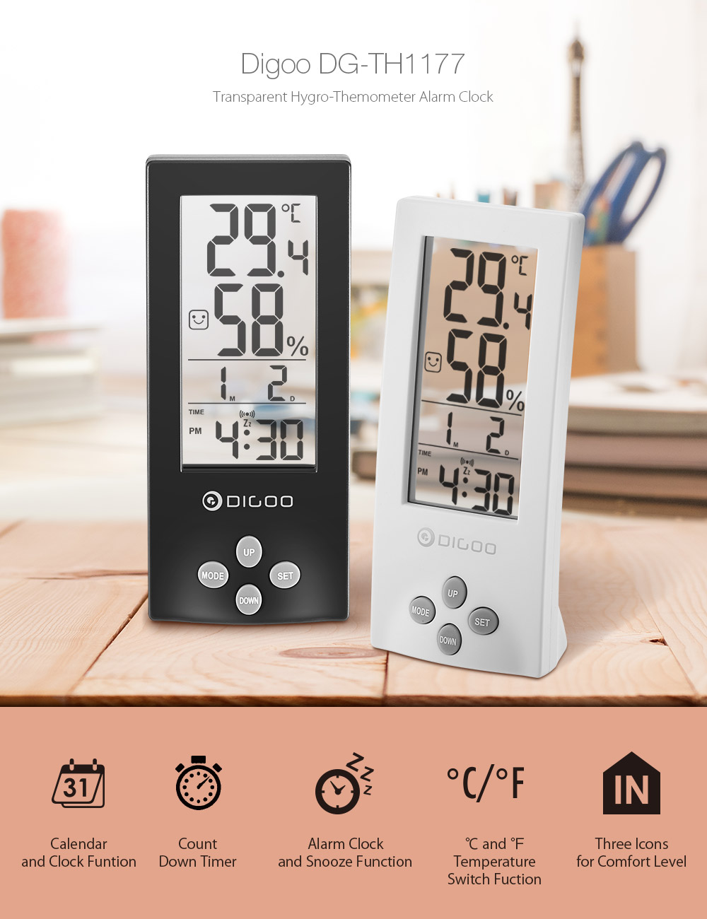 Digoo DG-TH1177 Digital Hygro Thermometer Alarm Clock